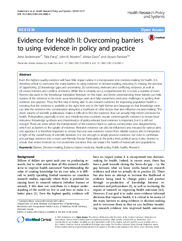 (PDF) Evidence for Health II: Overcoming barriers to using evidence in ...