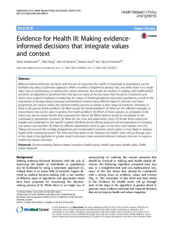 (PDF) Evidence for Health III: Making evidence-informed decisions that integrate values and context