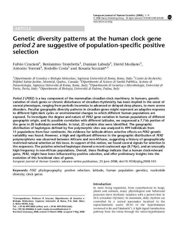 (PDF) Genetic diversity patterns at the human clock gene period 2 are ...