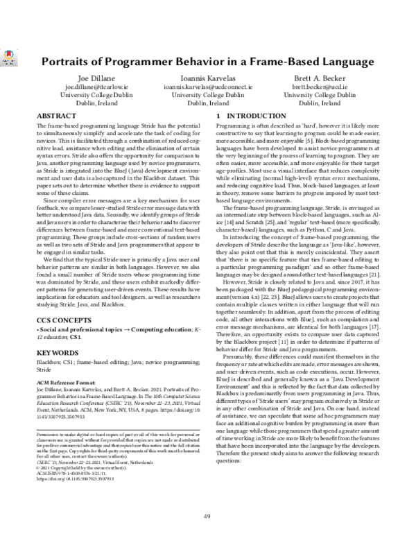 (PDF) Portraits of Programmer Behavior in a Frame-Based Language