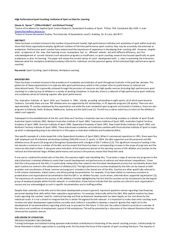 (PDF) High Performance Sport Coaching: Institutes of Sport as Sites for ...