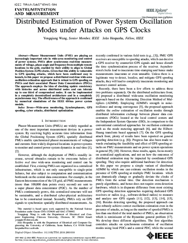 (PDF) Distributed Estimation of Power System Oscillation Modes Under Attacks on GPS Clocks