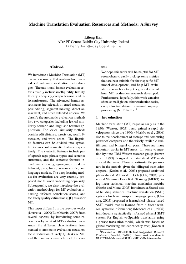 (PDF) Machine Translation Evaluation Resources and Methods: A Survey