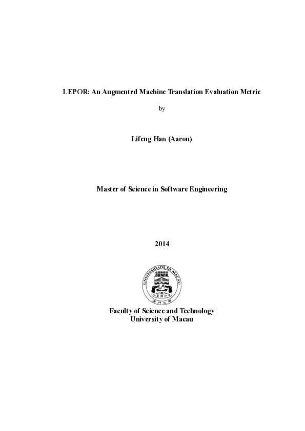 (PDF) LEPOR: An Augmented Machine Translation Evaluation Metric