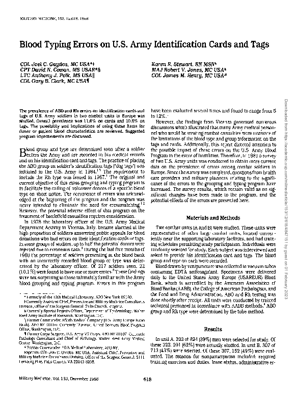 (PDF) Blood Typing Errors on U.S. Army Identification Cards and Tags