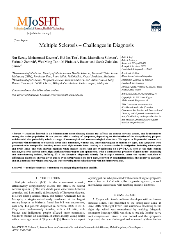 (PDF) Multiple Sclerosis – Challenges in Diagnosis | Sarah Samad - Academia.edu