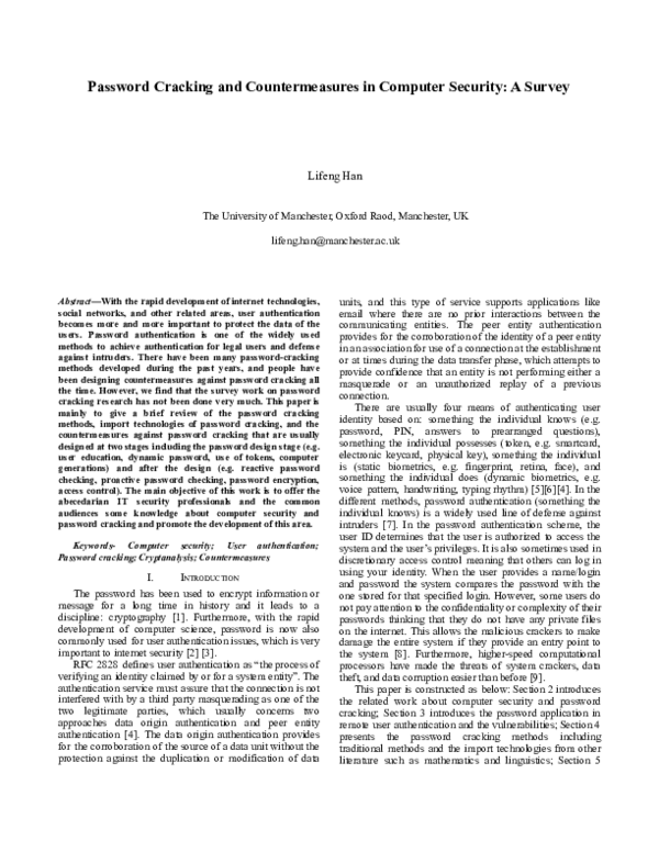 (PDF) Password Cracking and Countermeasures in Computer Security: A Survey
