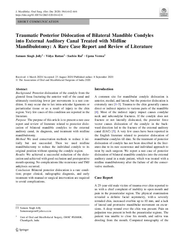 (PDF) Traumatic Posterior Dislocation of Bilateral Mandible Condyles ...