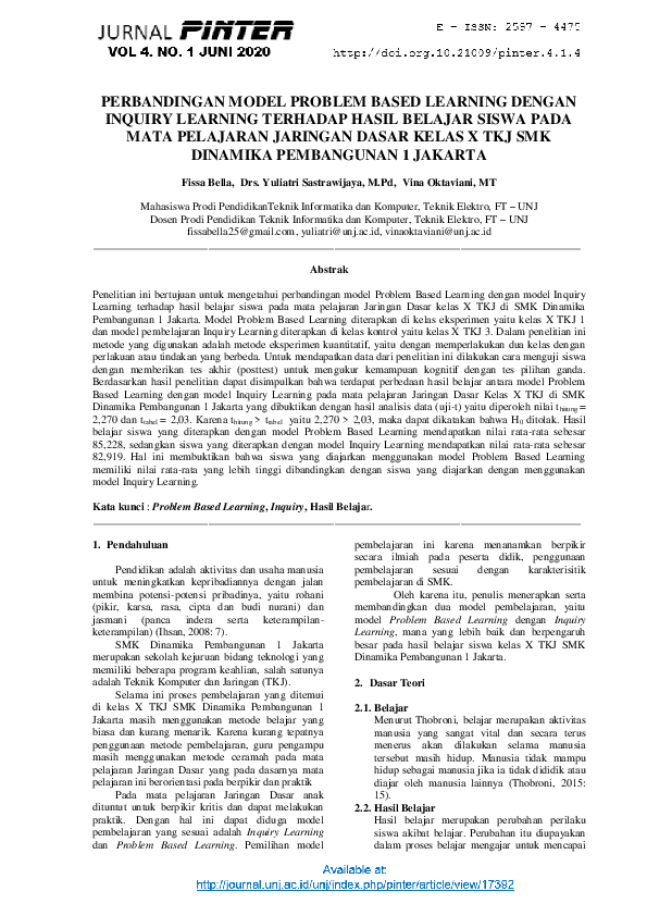 (PDF) Perbandingan Model Problem Based Learning Dengan Inquiry Learning Terhadap Hasil Belajar ...