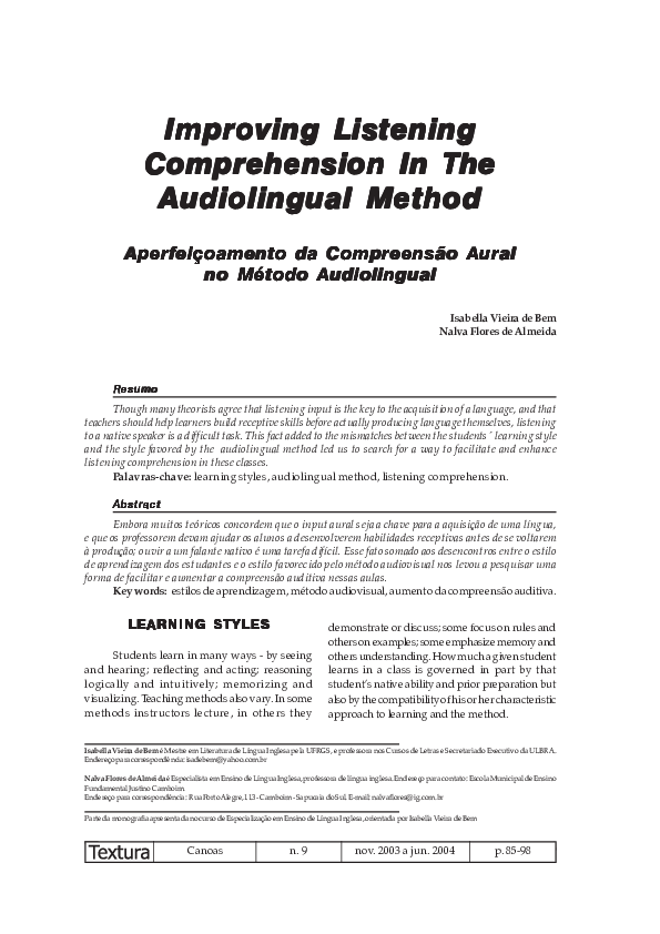 (PDF) Improving Listening Comprehension in the Audio Lingual Method ...