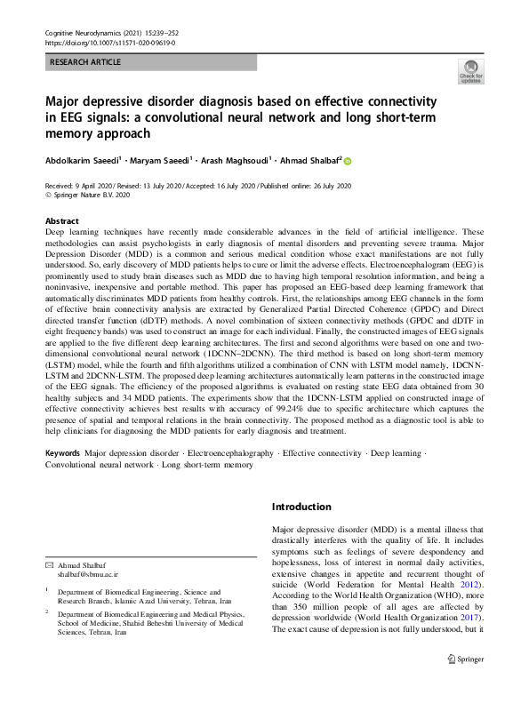 Pdf Major Depressive Disorder Diagnosis Based On Effective Connectivity In Eeg Signals A