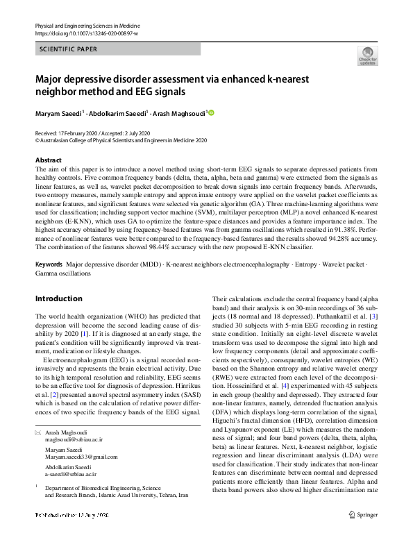 Pdf Major Depressive Disorder Assessment Via Enhanced K Nearest Neighbor Method And Eeg Signals