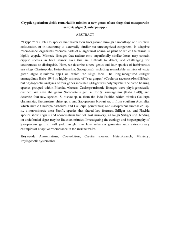 (PDF) Cryptic speciation yields remarkable mimics: A new genus of sea ...