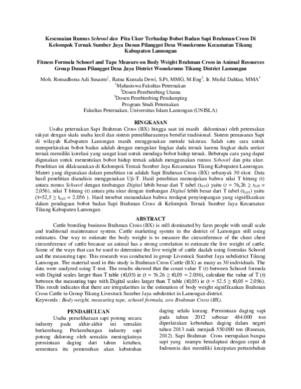 (PDF) Kesesuaian Rumus Schrool dan Pita Ukur Terhadap Bobot Badan Sapi ...