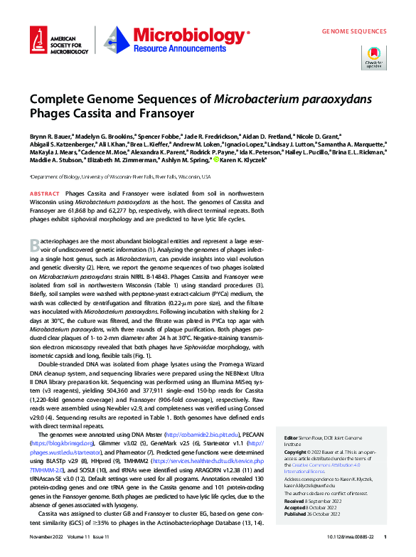 (PDF) Complete Genome Sequences of Microbacterium Phages Clayda5 and ...