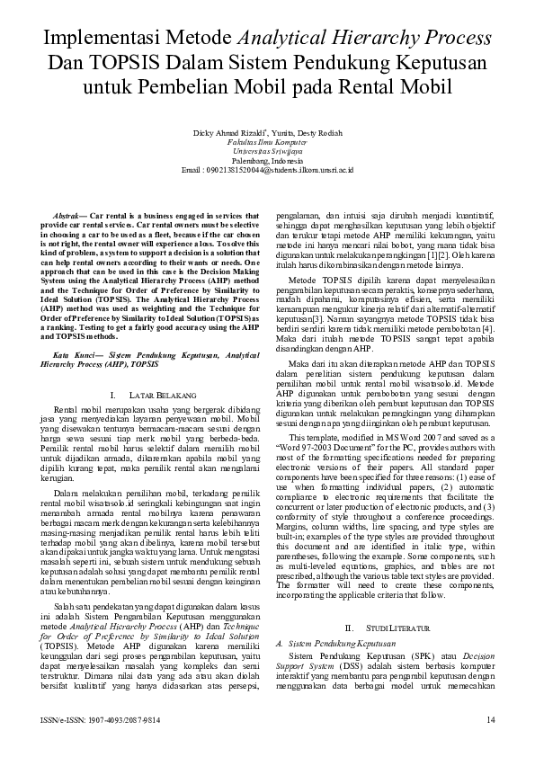 (PDF) Implementasi Metode Analytical Hierarchy Process Dan TOPSIS Dalam Sistem Pendukung ...