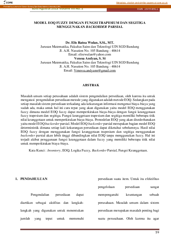 (PDF) Model Eoq Fuzzy Dengan Fungsi Trapesium Dan Segitiga Menggunakan Backorder Parsial