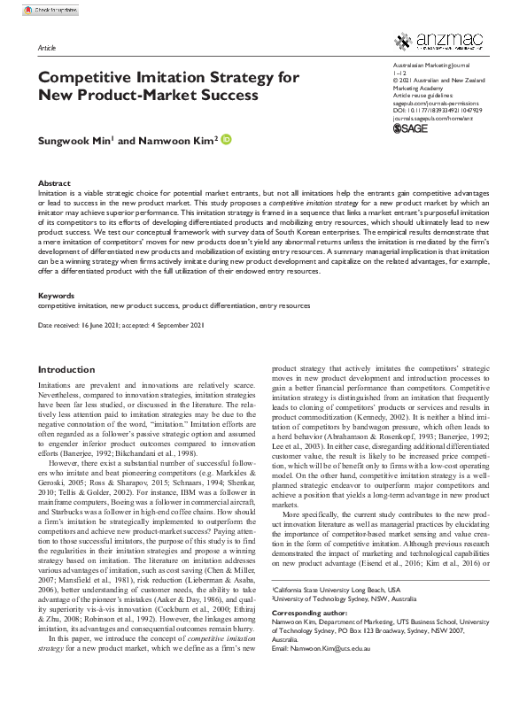 (PDF) Competitive Imitation Strategy for New Product-Market Success