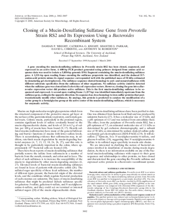 (PDF) Cloning of a Mucin-Desulfating Sulfatase Gene from Prevotella ...