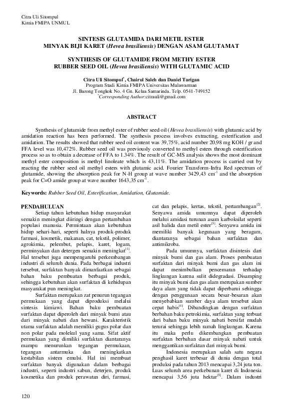 (PDF) BIJI KARET ( Hevea brasiliensis ) DENGAN ASAM GLUTAMAT SYNTHESIS OF GLUTAMIDE FROM METHY ...