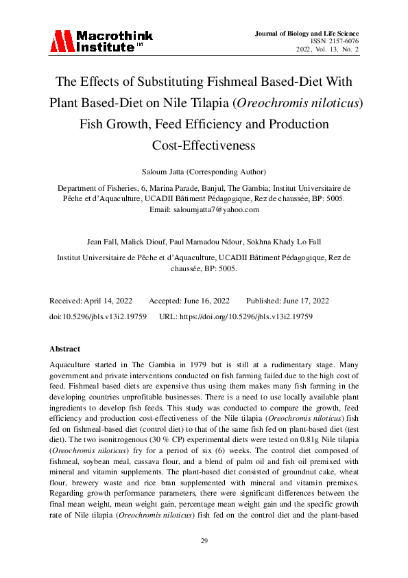 (PDF) The Effects of Substituting Fishmeal Based-Diet With Plant Based-Diet on Nile Tilapia ...