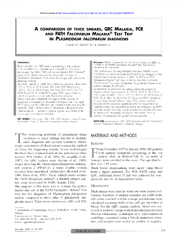 (PDF) A comparison of thick smears, QBC Malaria, PCR and PATH ...