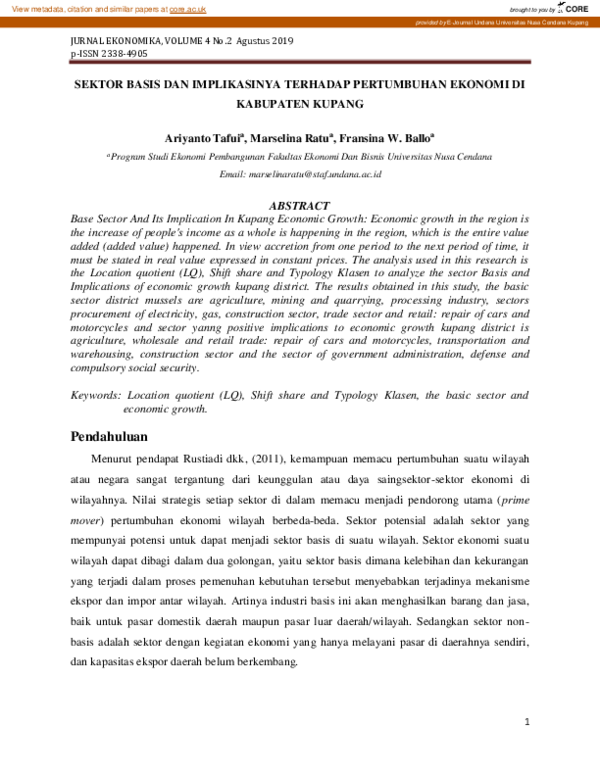 Pdf Sektor Basis Dan Implikasinya Terhadap Pertumbuhan Ekonomi Di Kabupaten Kupang