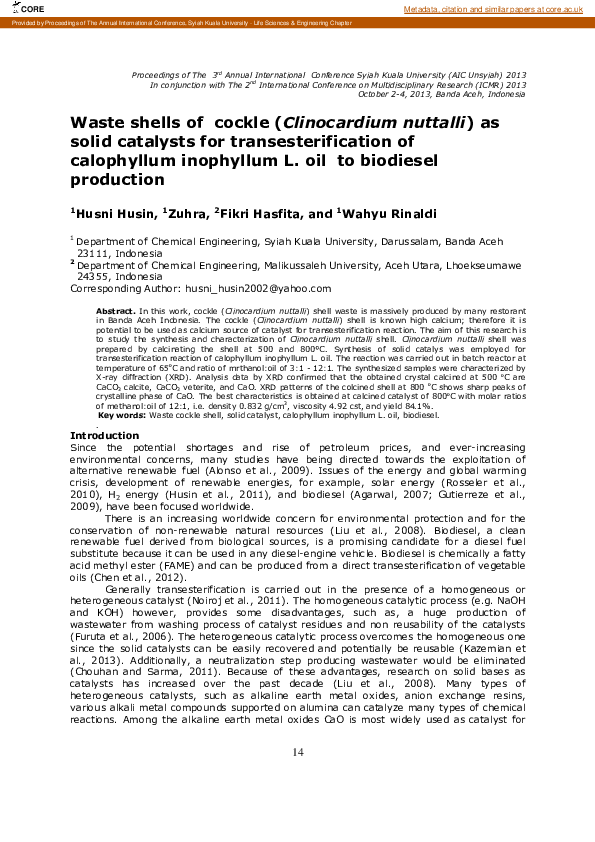 (PDF) Waste shells of cockle (Clinocardium nuttalli) as solid catalysts ...