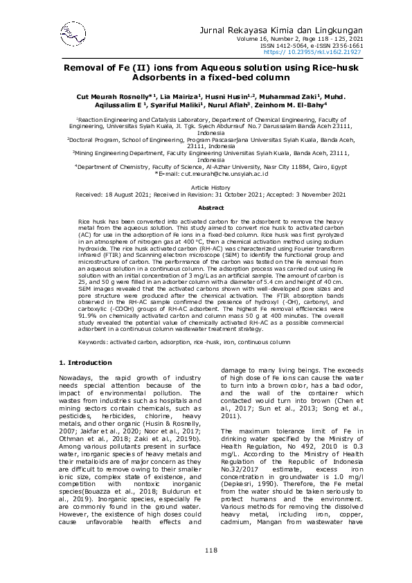 (PDF) Removal of Fe (II) ions from Aqueous solution using Rice-husk Adsorbents in fixed-bed column