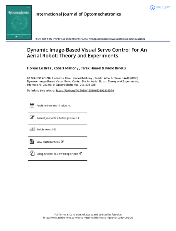Pdf Dynamic Image Based Visual Servo Control For An Aerial Robot
