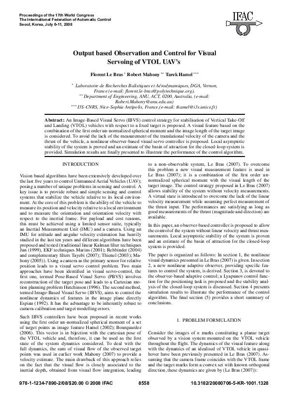 (PDF) Output based Observation and Control for Visual Servoing of VTOL UAV's | R. Mahony ...