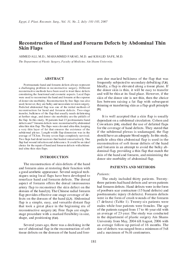 (PDF) Reconstruction of Hand and Forearm Defects by Abdominal Thin Skin ...