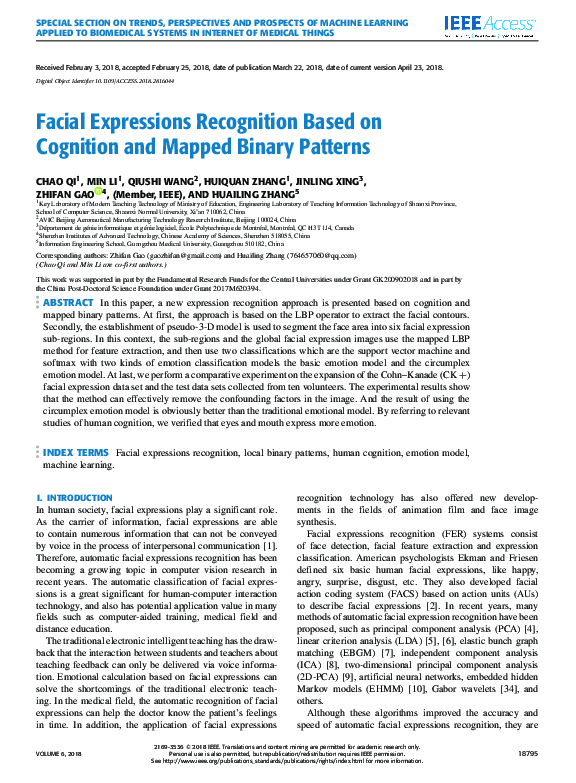 Pdf Facial Expressions Recognition Based On Cognition And Mapped Binary Patterns