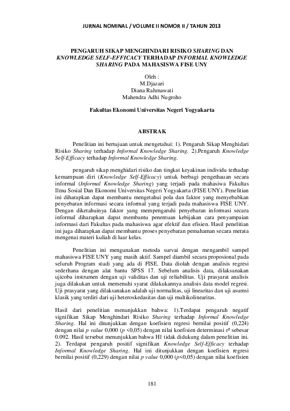 (PDF) Pengaruh Sikap Menghindari Risiko Sharing Dan Knowledge Self-Efficacy Terhadap Informal ...