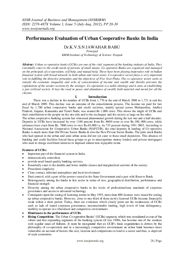 (PDF) Performance Evaluation of Urban Cooperative Banks In India