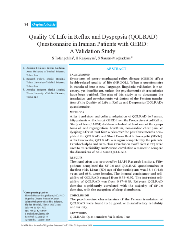 (PDF) Quality Of Life in Reflux and Dyspepsia (QOLRAD) Questionnaire in ...