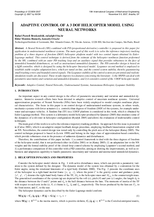 (PDF) Adaptive Control of a 3 Dof Helicopter Model Using Neural Networks