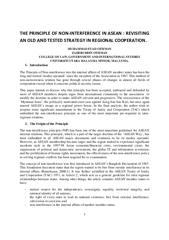 (PDF) The principle of non-interference in ASEAN: Revisiting an old and ... (PDF) The principle of non-interference in ASEAN: Revisiting an old and ...