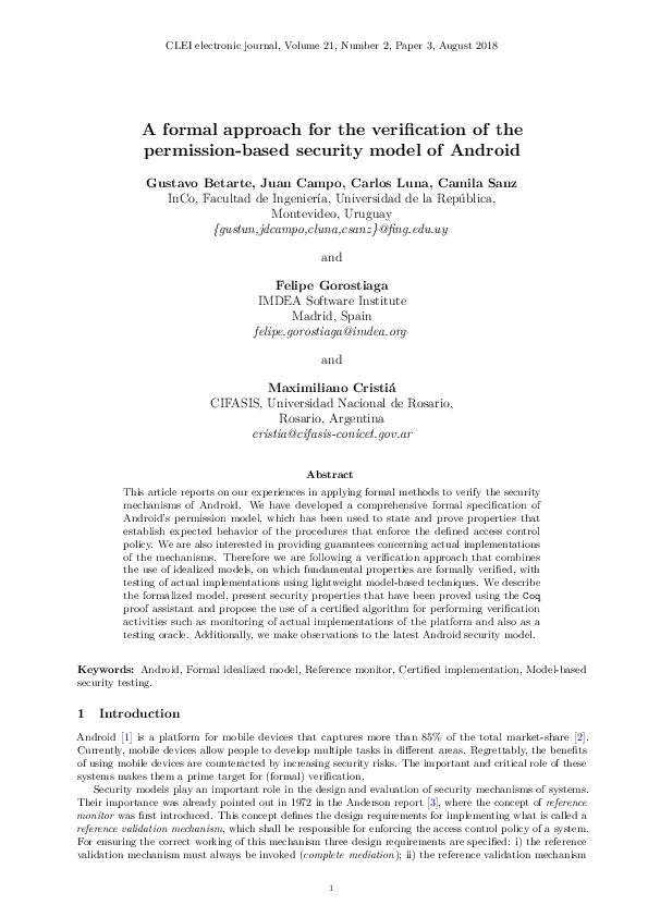 (PDF) A formal approach for the verification of the permission-based security model of Android