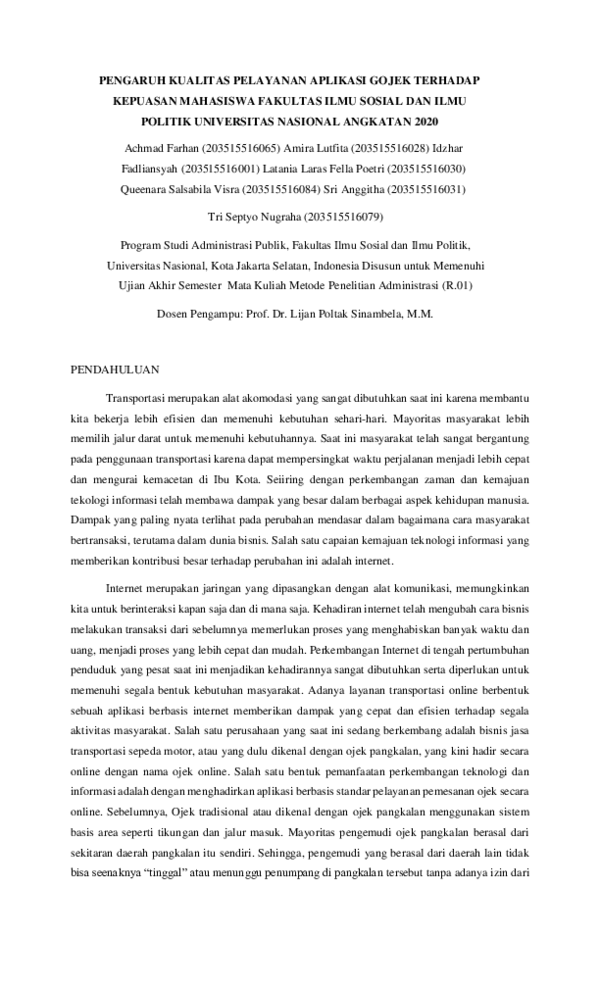 (PDF) PENGARUH KUALITAS PELAYANAN APLIKASI GOJEK TERHADAP KEPUASAN MAHASISWA FAKULTAS ILMU ...