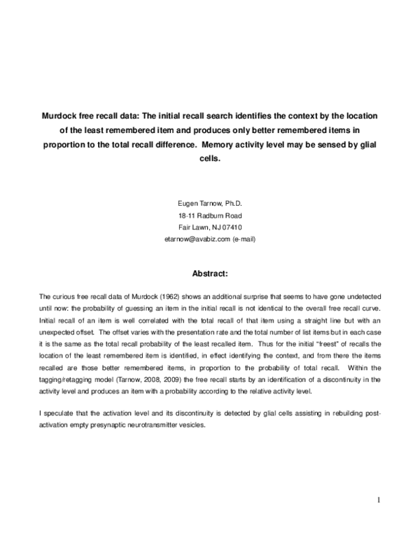(PDF) Murdock free recall data: The initial recall search identifies ...