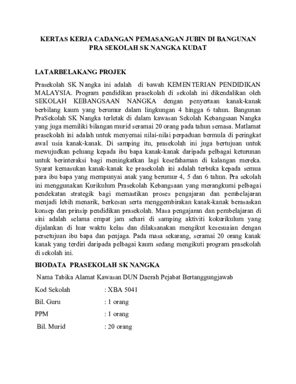 (DOC) KERTAS KERJA CADANGAN PEMASANGAN JUBIN DI BANGUNAN PRA SEKOLAH SK NANGKA KUDAT