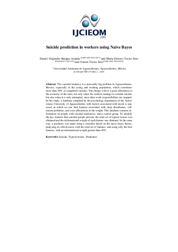 (PDF) Suicide prediction in workers using Naive Bayes