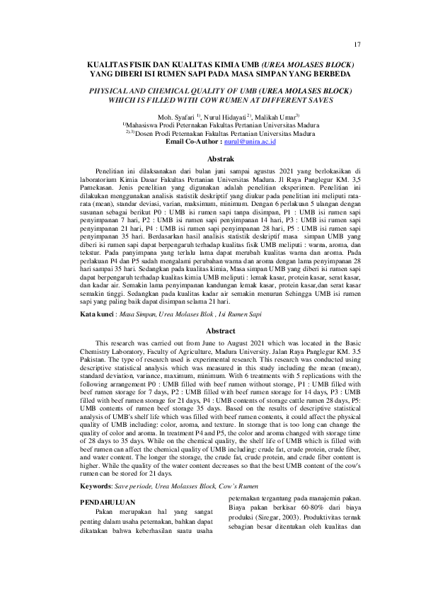 (PDF) Kualitas Fisik Dan Kualitas Kimia Umb (Urea Molases Block) Yang ...