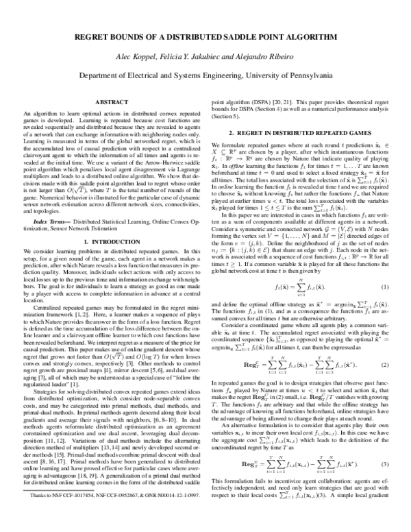 (PDF) Regret bounds of a distributed saddle point algorithm