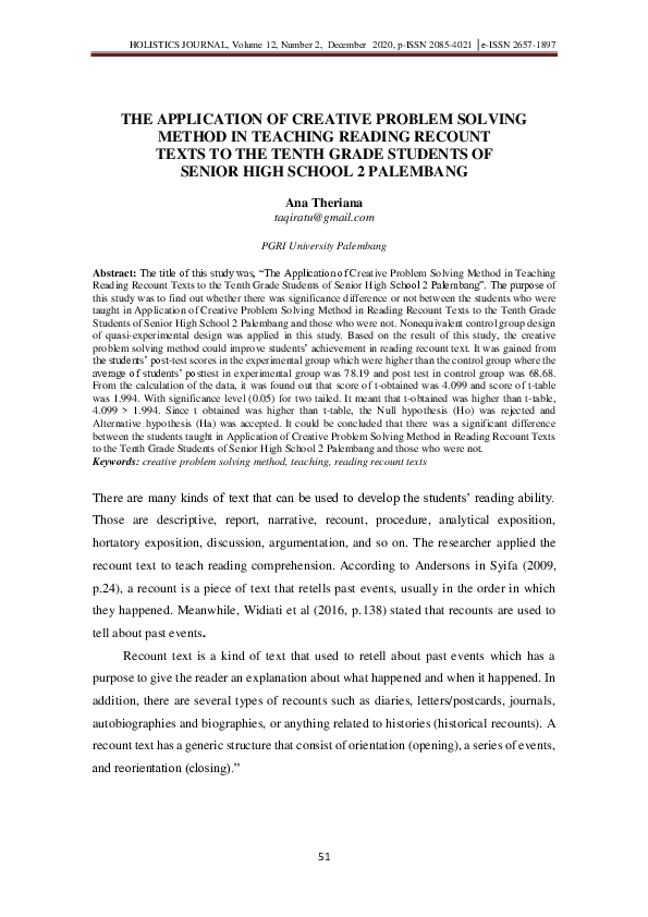 (PDF) The Application of Creative Problem Solving Method in Teaching Reading Recount Texts to ...