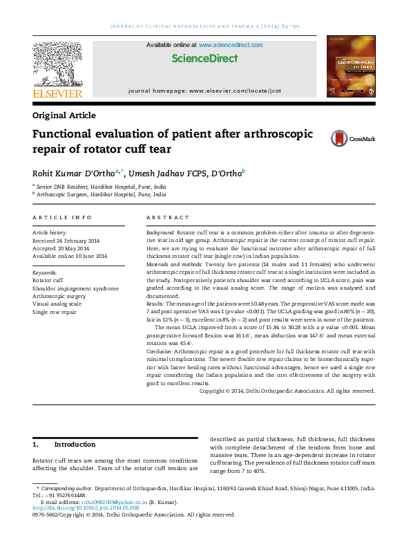 (PDF) Functional evaluation of patient after arthroscopic repair of rotator cuff tear