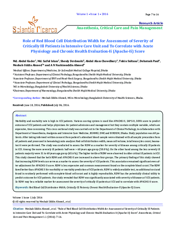 (PDF) Role of Red Blood Cell Distribution Width for Assessment of ...