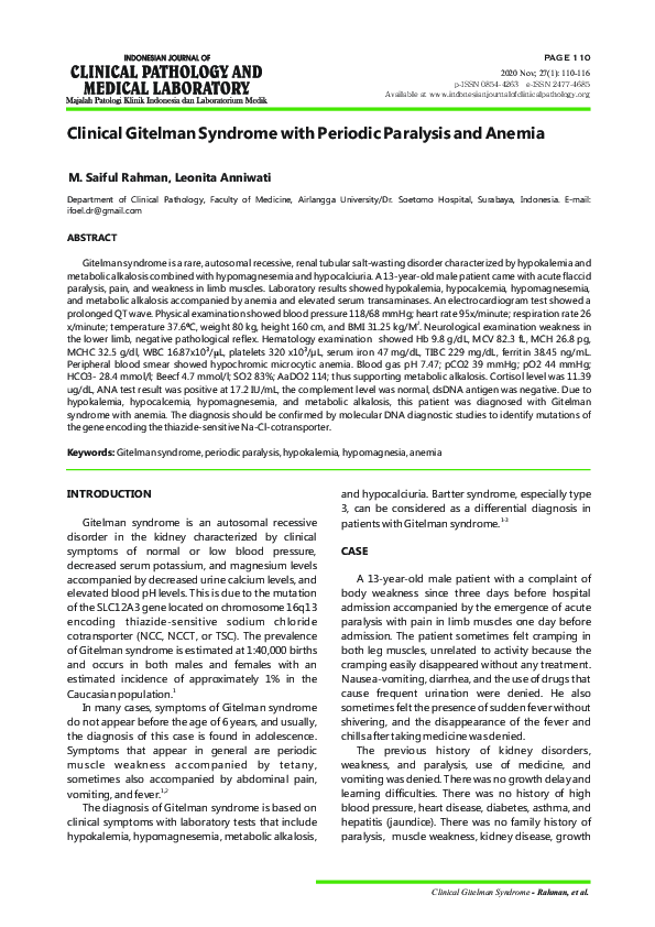 Pdf Clinical Gitelman Syndrome With Periodic Paralysis And Anemia Saiful Rahman