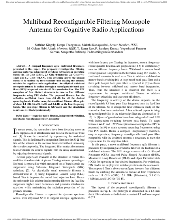 Pdf Multiband Reconfigurable Filtering Monopole Antenna For Cognitive